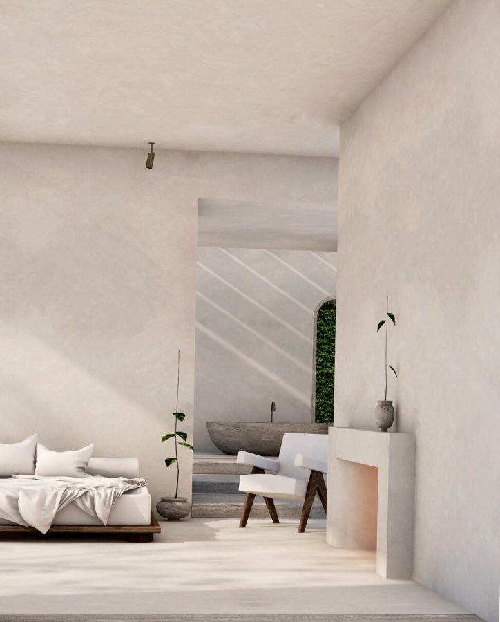 A dream home with gentle curves of lime plaster and travertine ...