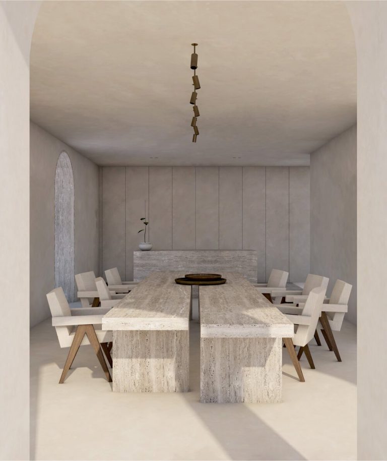 A dream home with gentle curves of lime plaster and travertine ...